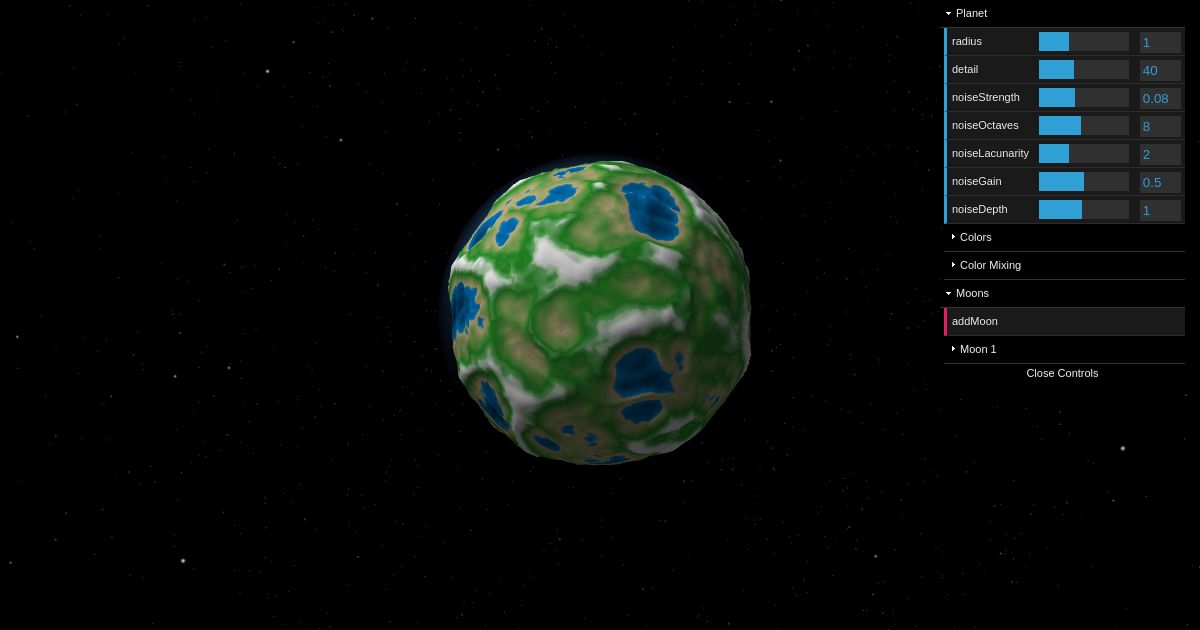 Three.js Planet Maker with Color Mixing and Noise Depth