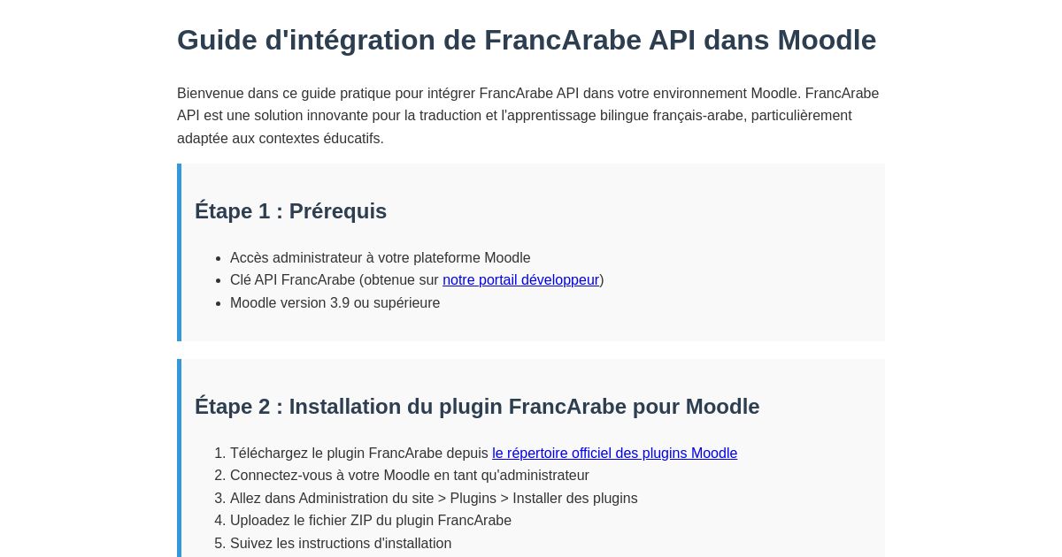 Intégration de FrancArabe API dans Moodle - Guide Pratique