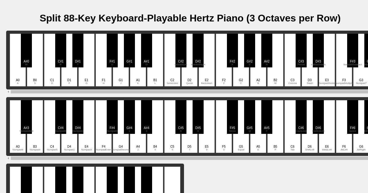 Split 88-Key Keyboard-Playable Hertz Piano (3 Octaves per Row)