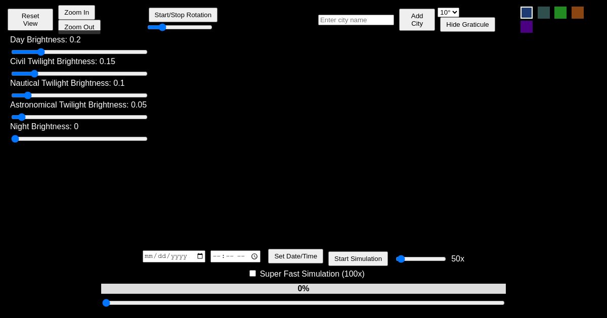 Interactive Earth Map with Multiple Cities and Custom Date Simulation