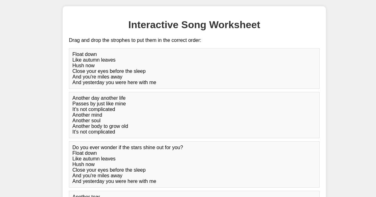 Interactive Song Worksheet s