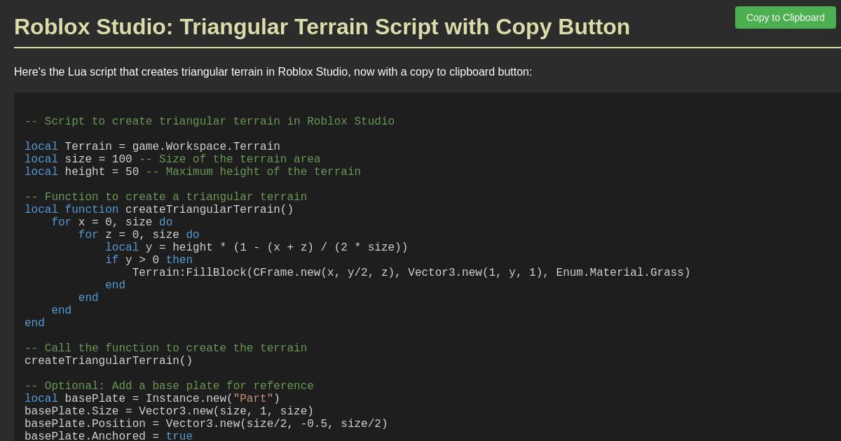 Roblox Studio: Triangular Terrain Script with Copy Button
