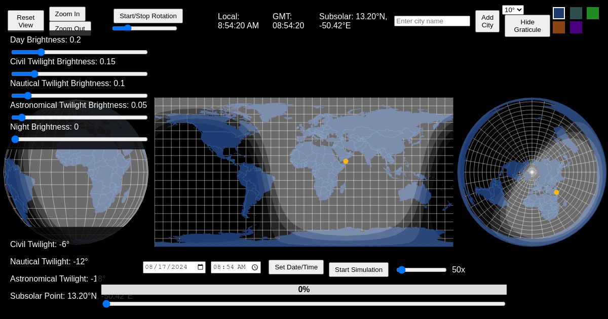 Interactive Earth Map with Multiple Cities and Custom Date Simulation