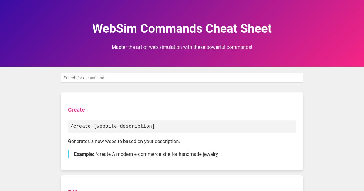 WebSim Guide: Commands Cheat Sheet