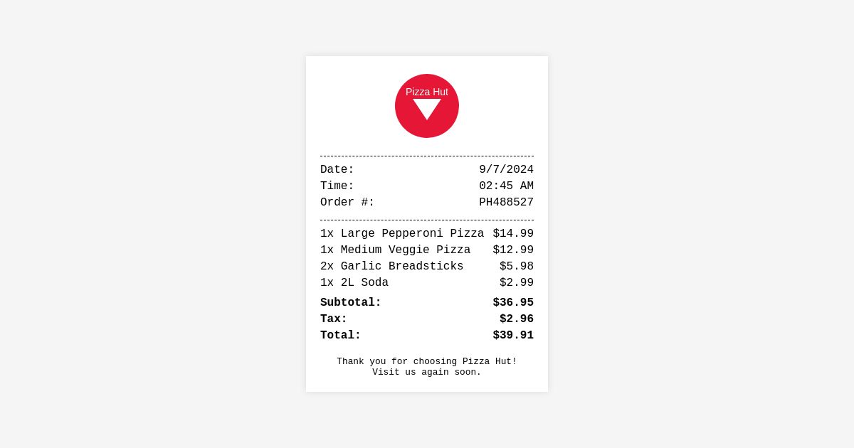 Pizza Hut Receipt