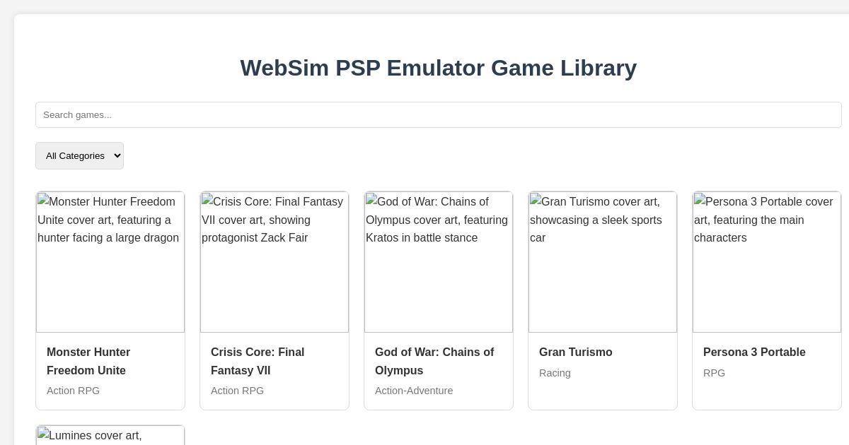 WebSim PSP Emulator Game Library