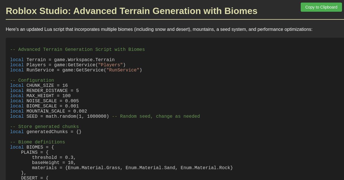 Roblox Studio: Advanced Terrain Generation with Biomes