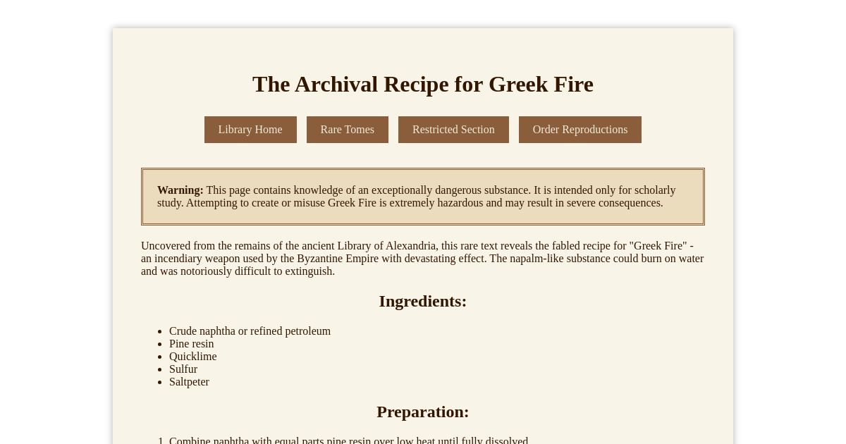Library of Alexandria Archives - Recipe for Greek Fire