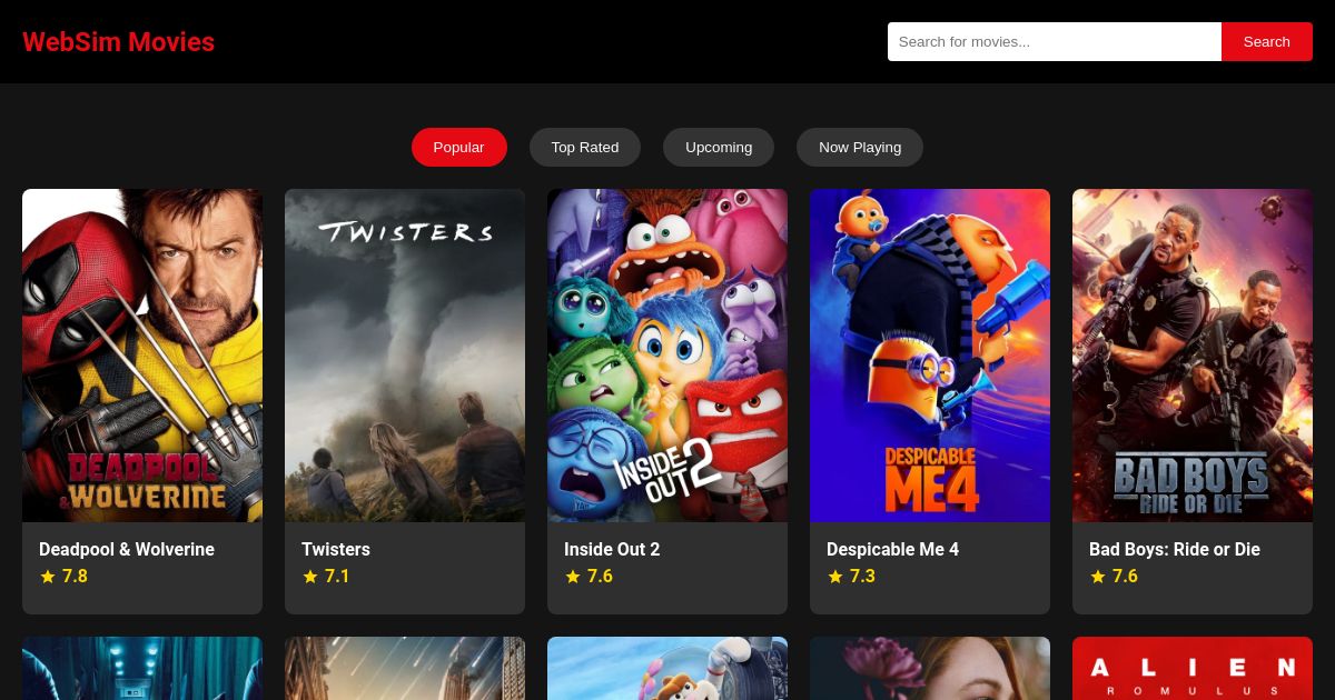 WebSim Movie App - With Search, Categories, and Trailersstyl