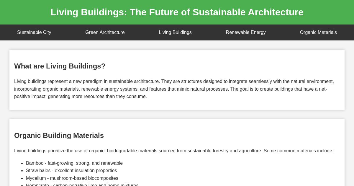Living Buildings: Organic Materials & Renewable Energy