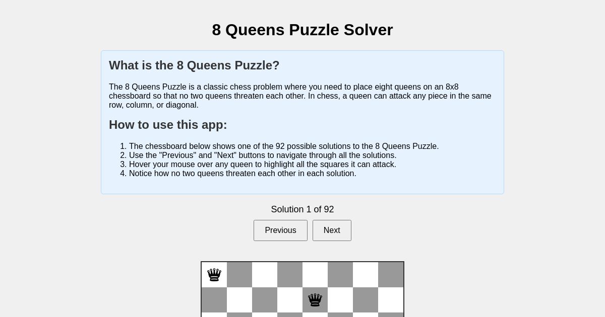 8 Queens Puzzle Solver with Explanations
