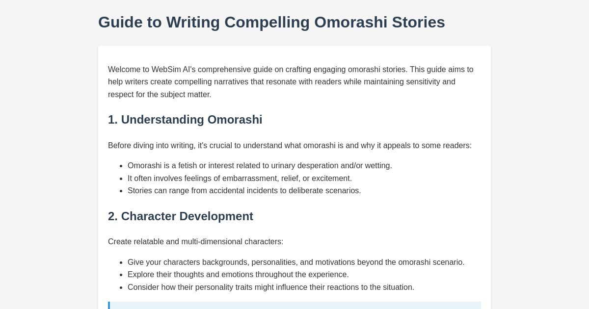 Guide to Writing Compelling Omorashi Stories - WebSim AI