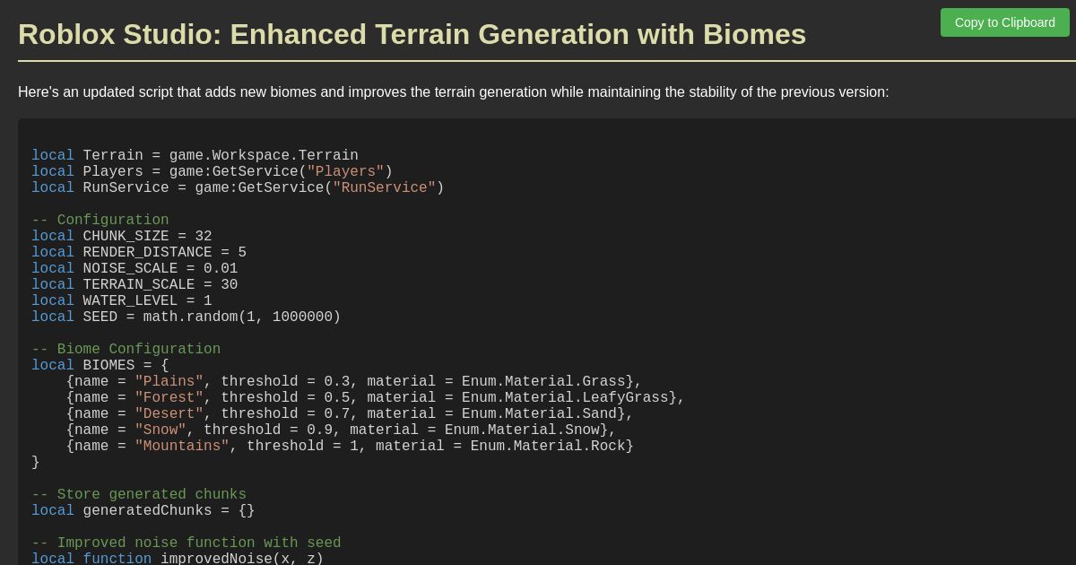 Roblox Studio: Enhanced Terrain Generation with Biomes