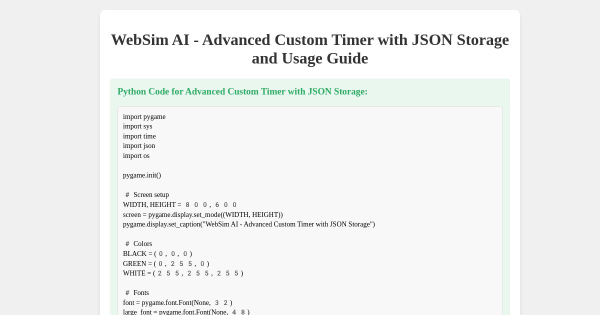 WebSim AI - Advanced Custom Timer with JSON Storage and Usage Guide