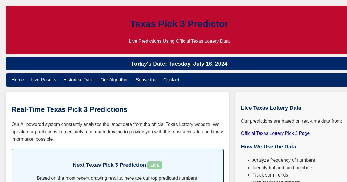 Texas Pick 3 Predictor - Live Updated Predictions