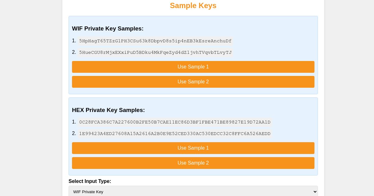 Bitcoin Universal Key Calculator - Sample Demo