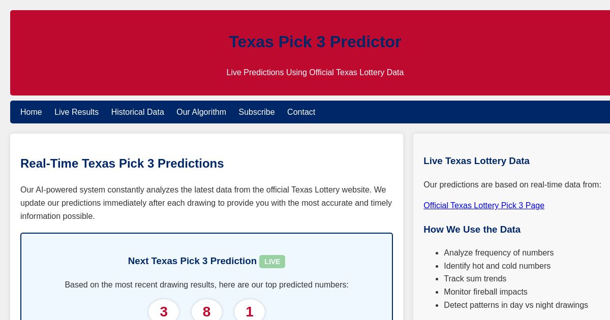 Texas Pick 3 Predictor - Live Updated Predictions