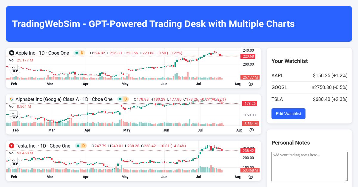 TradingWebSim - GPT-Powered Trading Desk with Multiple Charts