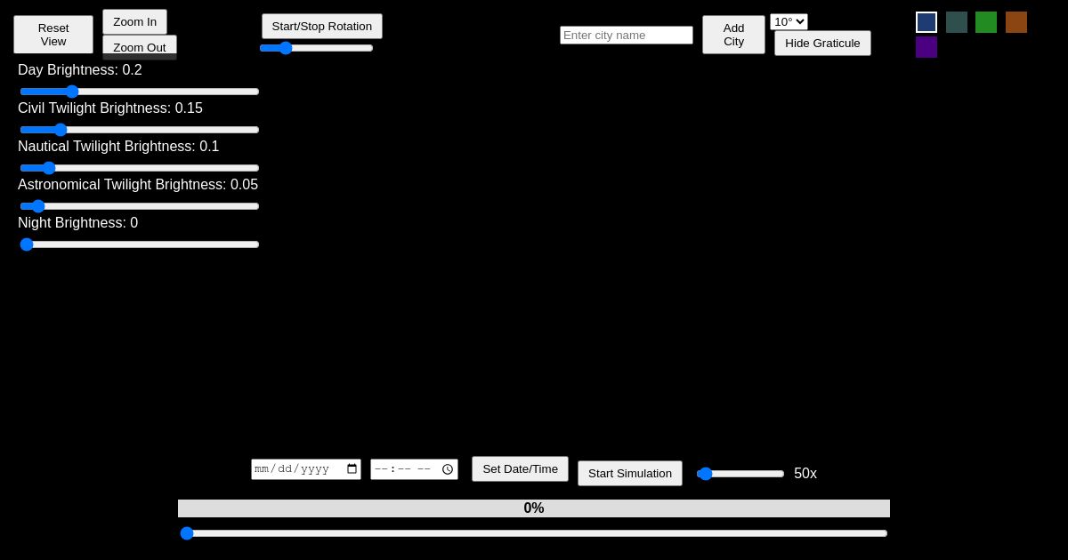 Interactive Earth Map with Multiple Cities and Custom Date Simulation