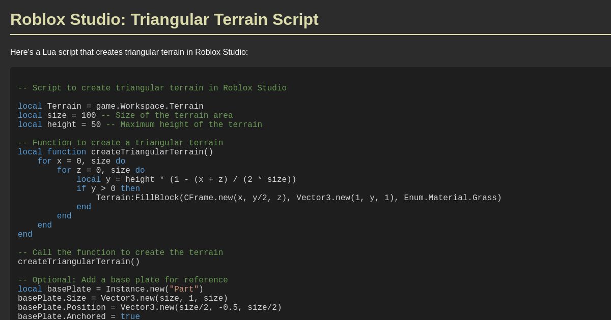 Roblox Studio: Triangular Terrain Script