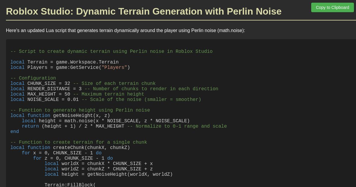 Roblox Studio: Dynamic Terrain Generation with Perlin Noise