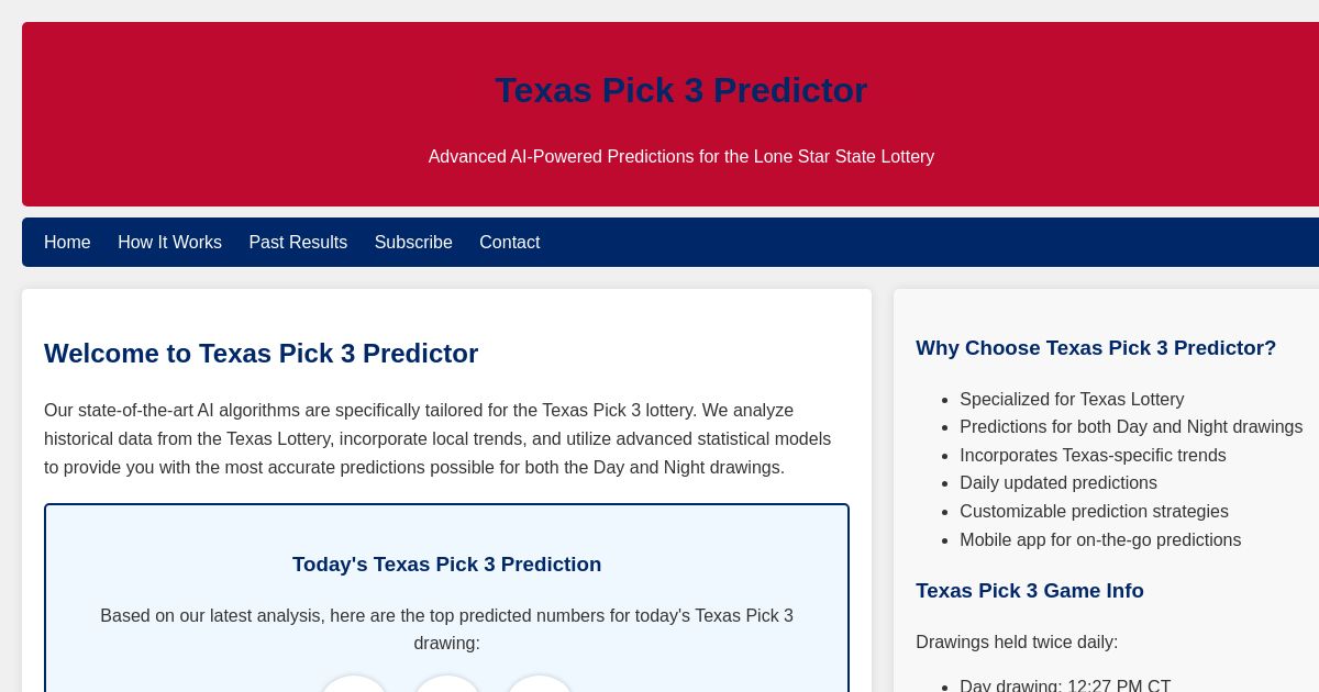 Texas Pick 3 Predictor - Advanced AI-Powered Lottery Predictions