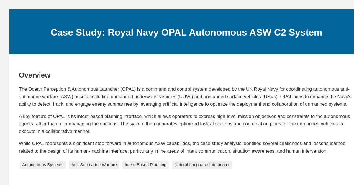 Case Study: Royal Navy OPAL Autonomous ASW C2 System