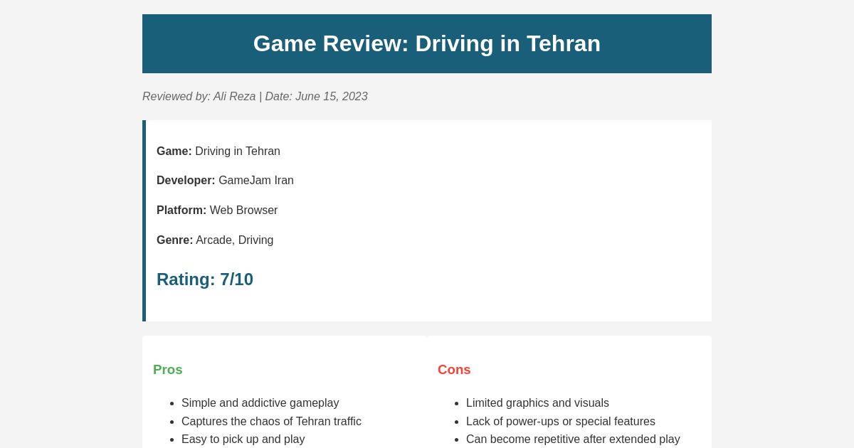 Game Review: Driving in Tehran - GameJam Iran