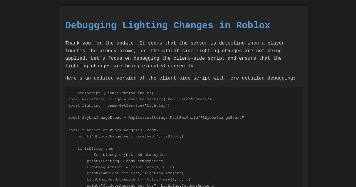 Debugging Lighting Changes in Roblox