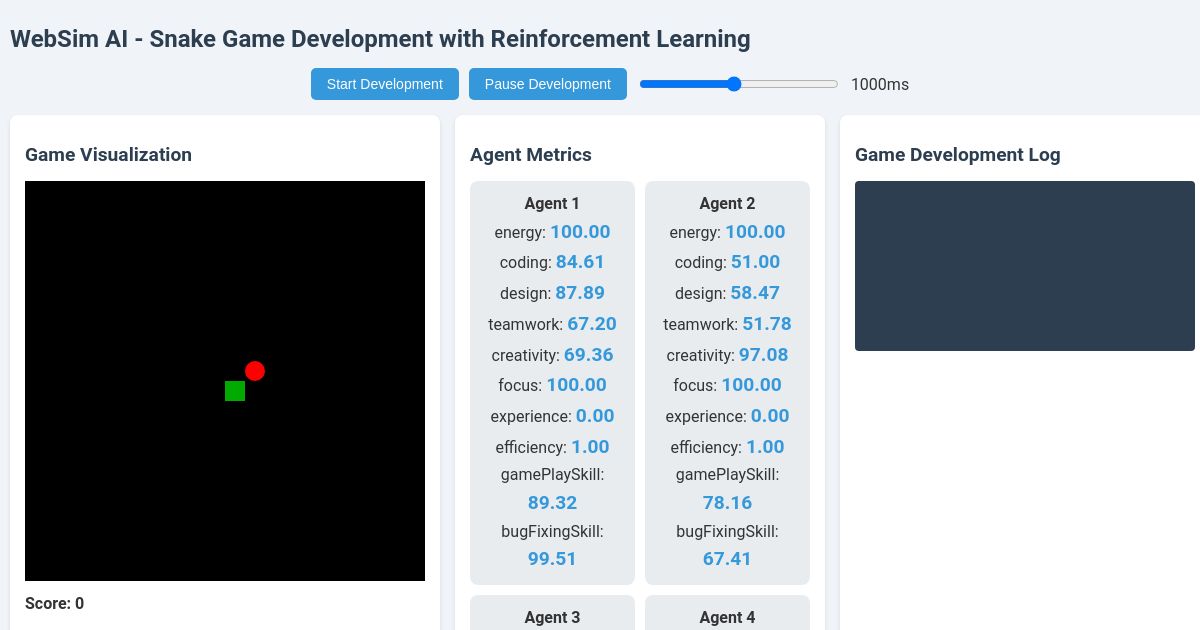WebSim AI - Snake Game Development with Reinforcement Learning