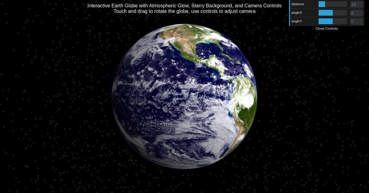 Interactive Earth Globe with Atmospheric Glow, Starry Background, and Camera Controls