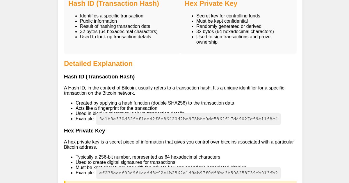 Hash ID vs. Hex Private Key in Bitcoin