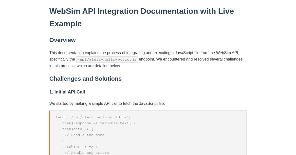 WebSim API Integration Documentation with Live Example