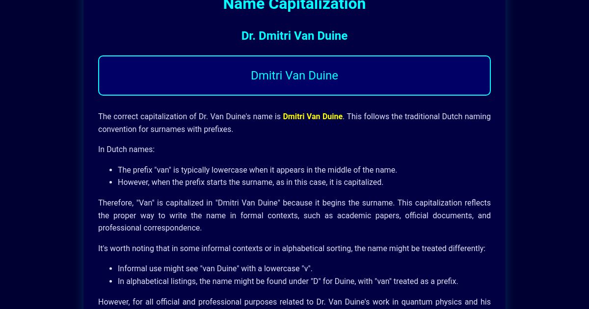 Dr. Dmitri Van Duine - Name Capitalization