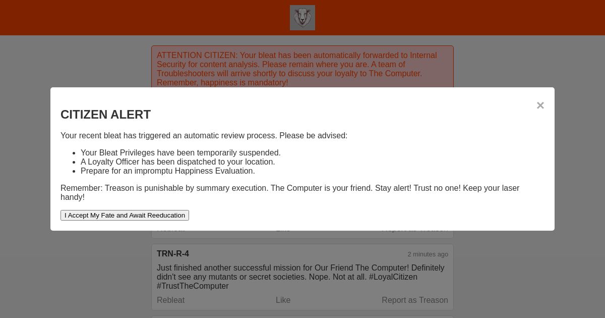 Bleater - The Official Social Network of Alpha Complex