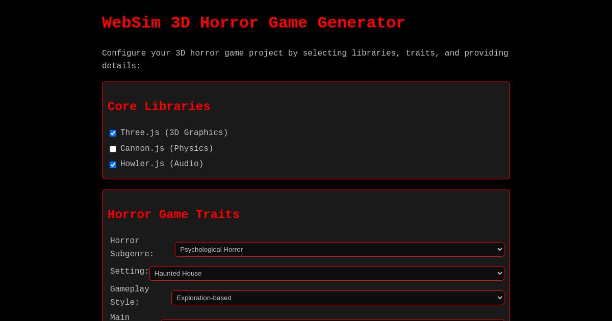 WebSim 3D Horror Game Generator