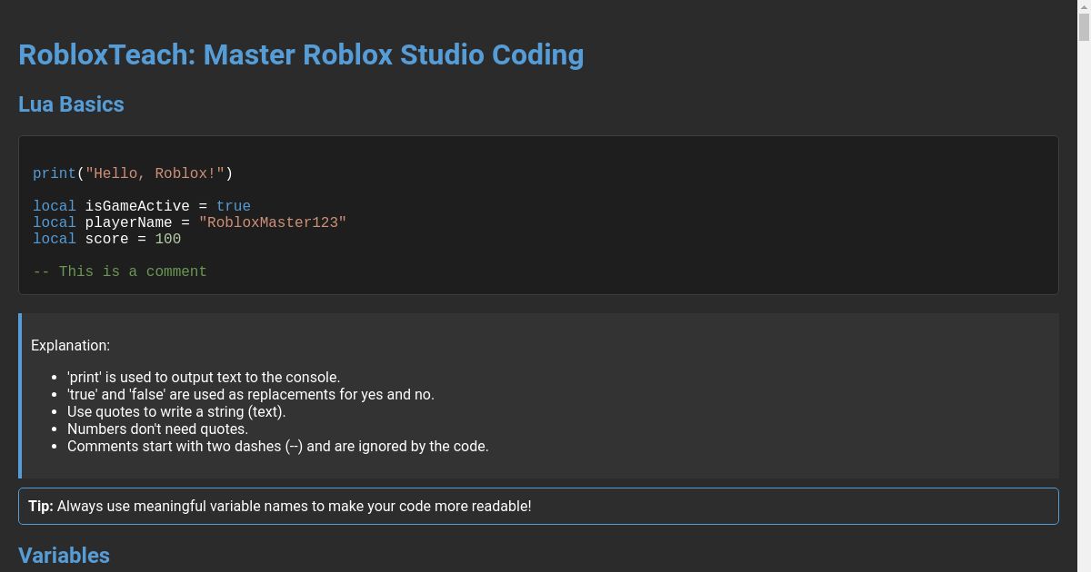 RobloxTeach - Learn Roblox Studio Coding