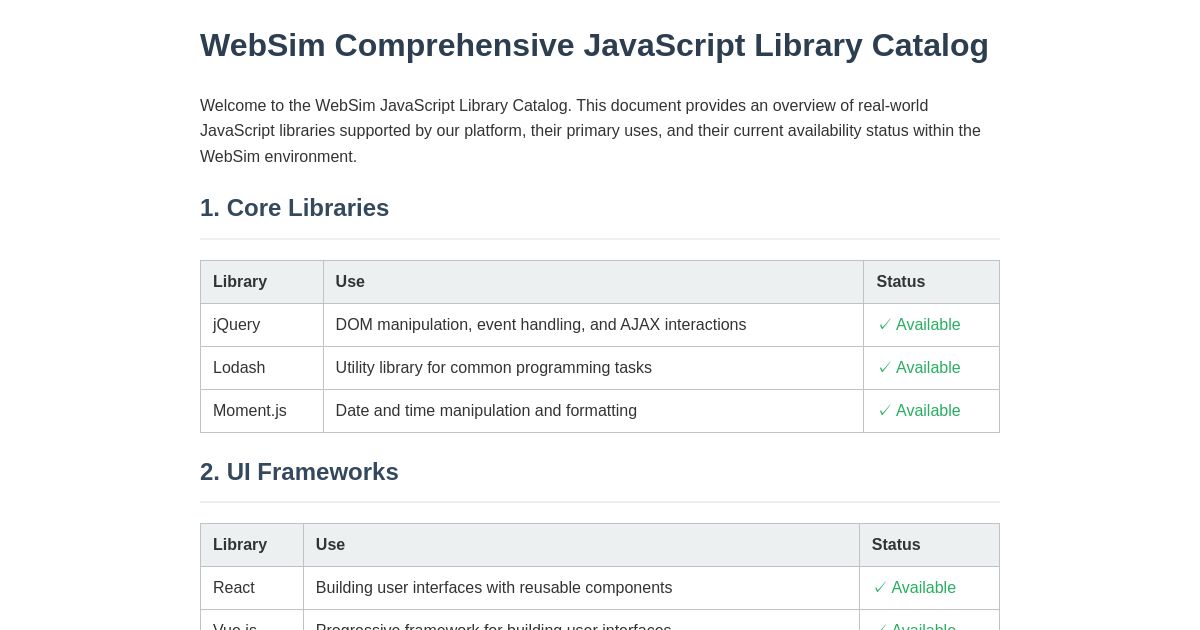 WebSim Comprehensive JavaScript Library Catalog